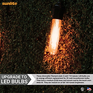Sunlite LED Filament T10 Tubular Light Bulb, 2 Watts (25W Equivalent), 160 Lumens, Medium E26 Base, 120 Volts, Dimmable, 90 CRI, UL Listed, Clear, 2700K Soft White, 1 Pack