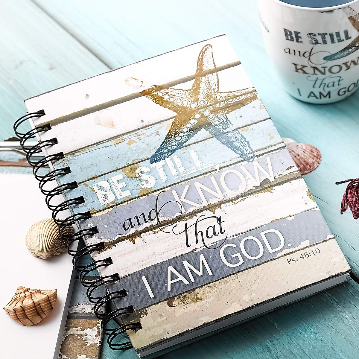 Christian Art Gifts Journal w/Scripture Be Still and Know Psalm 46:10 Bible Verse Coastal Beach 192 Ruled Pages, Large Hardcover Notebook, Wire Bound