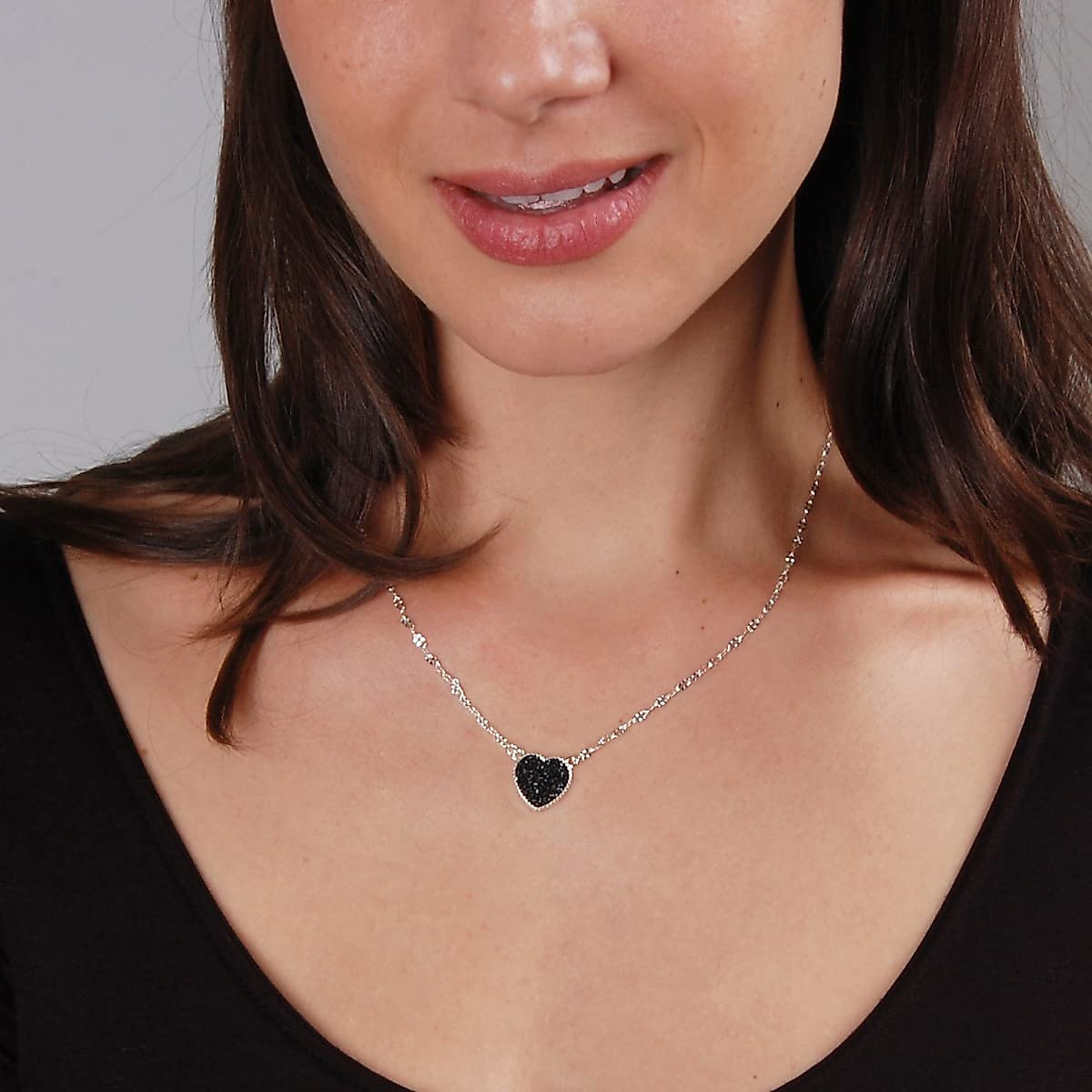 Humble Chic NY Black Heart Necklace, Silver Tone - Women's Preppy Black Necklace, Simulated Druzy Chain, Black Pendant