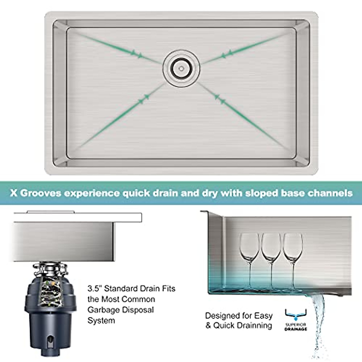 SR SUN RISE 30 Inch Kitchen Sink, Undermount Single Bowl Kitchen Sink, 16 Gague 304 Stainless Steel Sink with Roll Up Dish Drying Drainer & Strainer & Bottom Grid, 30"×18"×10"