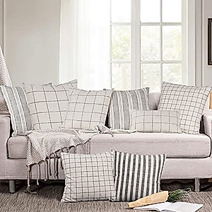 Basic Model Set of 2 Plaid Throw Pillow Covers Modern Farmhouse Decorative Square Linen Pillow Case for Sofa Couch Bed 20 x 20 Inch, Beige