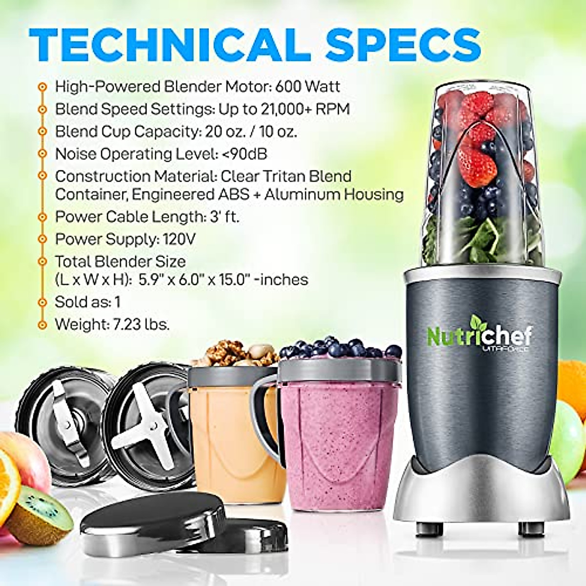 Personal Electric Single Serve Blender - 600W Professional Kitchen Countertop Mini Blender-for Shakes and Smoothies w/ Pulse Blend, Convenient Lid-Cover, Portable 10 & 20 Oz Cups - NutriChef NCBL60