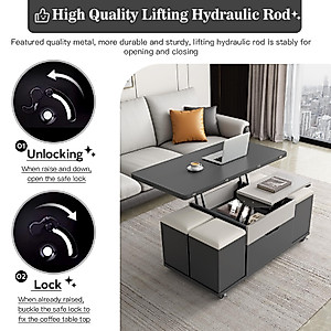 GraceNook 3 in 1 Mutifunction Coffee Table, Lift Top Coffee Table with 4 Seats, Coffee Table with Storage Lift Up Pu Stools,Coffee Table Converts to Dining Table for Living Room, Bedroom