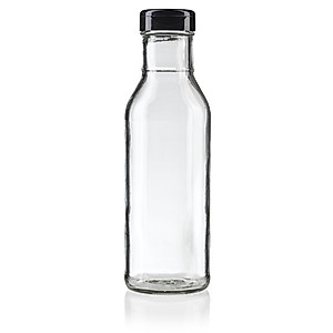 JUVITUS 12 oz Professional Clear Glass Thick Wall Sauce Bottle with Drip Resistant Flip Top Cap (4 Pack) for BBQ Sauce, Salad Dressings, more