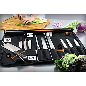 Chef’s Knife Roll Bag (14 slots) Holds 10 Knives PLUS Meat Cleaver, Utility Pocket, AND 4 Tasting Spoons! Our Durable Knife Carrier Includes Shoulder Strap and Name Card Holder. (Knives Not Included)