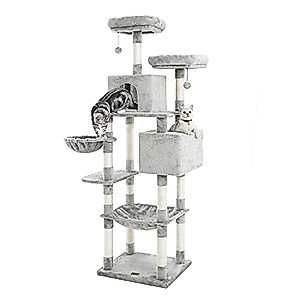 Kilodor Tall Cat Tree, 75inch Cat Tower Multi Level Condo with Large Hammocks, Scratching Posts,Plush Perches Cat Activity Center Light Gray
