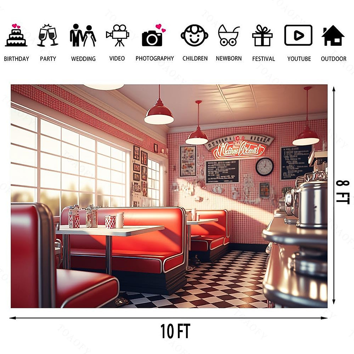 TOAOFY 10x8ft Back to 50s Backdrop 50s Party Decorations Background Party Decoration Banner Portrait Shoot Props Studio Supplies TAY1428