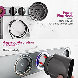 KAIYING Wall Mount Hair Dryer Holder,Magnet Bracket Stand Holder Storage Rack Organizer for Dyson Supersonic Hair Blow Dryer, Power Plug, Diffuser and Nozzle, Aluminum (Large_Grey)