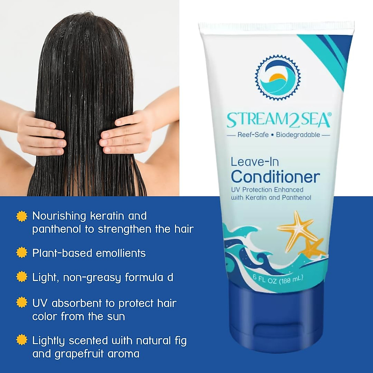 Leave-In Hair Conditioner Detangles & Replenish Hair Moisture Natural Reef Safe Formula - Sulfate and Paraben Free with UV Protection by Stream2Sea