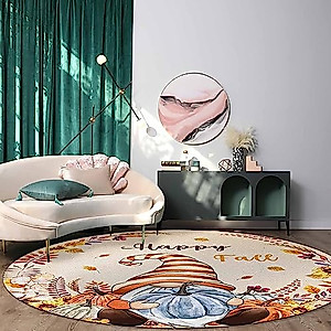 Large Round Area Rug for Living Room Bedroom, 3ft Non-Slip Rugs for Kids Room, Happy Fall Thanksgiving Gnome Pumpkin Floral Wreath Washable Carpet Floor Mat for Home Nursery Room Decor