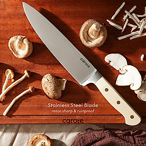 CAROTE 11PCS Knife Set with Block for kitchen, Stainless Steel Razor-Sharp Blade, Triple Riveted Ergonomic Handle,Essential Knife Set, Beige