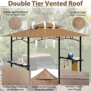 EVURU 8 x 5 FT Grill Canopy, with Air Vent Double Tiered Roof Top, Waterproof BBQ Gazebo with Rustproof Steel Frame, UV Protection Top Grill Tent Outdoor BBQ Canopy Grill Shelter for Garden Khaki