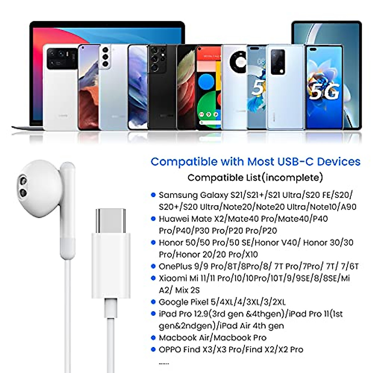 USB C Headphones, Type C Earphones HiFi Stereo in Ear Wired Earbuds USB C Earphones, Type C Headphones with Mic Compatible with Samsung Galaxy S21 Ultra S20 FE Note 10 Google Pixel 6 5 4XL Oneplus 9 8