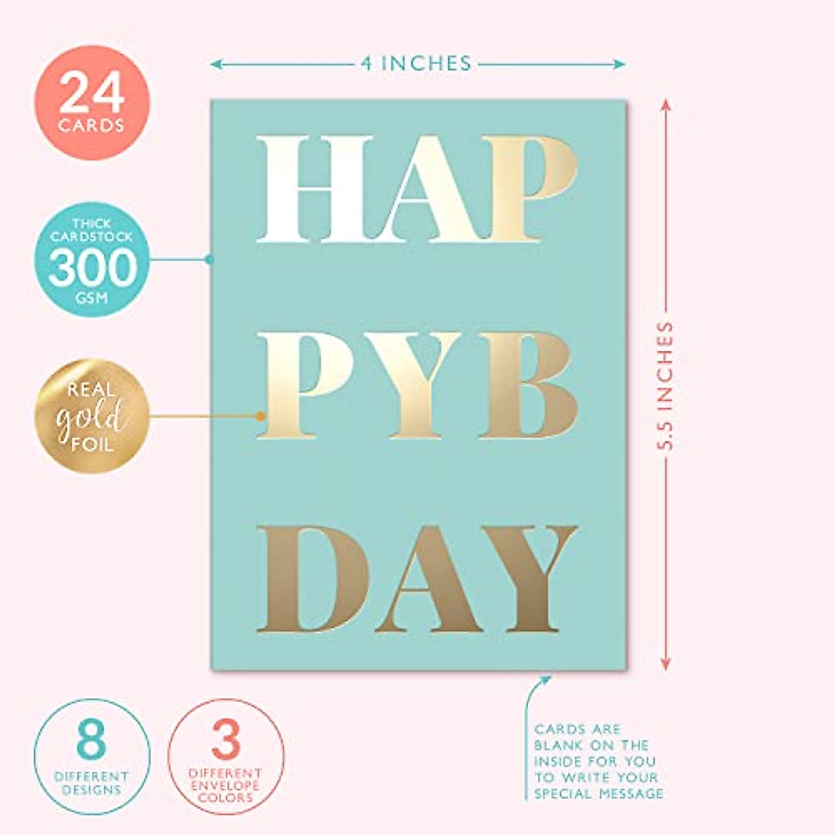 Set of 24 Gold Foil Bulk Birthday Cards Assortment – Bulk Happy Birthday Card with Envelopes Box Set – Assorted Blank Birthday Cards for Women, Men, and Kids in a Boxed Card Pack