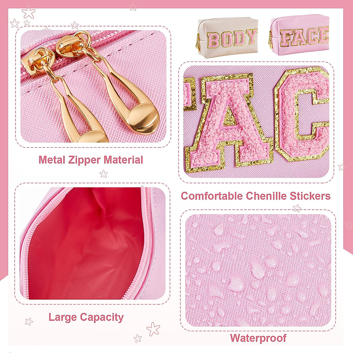 Patelai 2 Pcs Preppy Makeup Bags Chenille Letter Patch Bag Face Skin Hair Stuff Aesthetic Cosmetic Bag Travel Zipper Pouch Makeup Organizer Graduation Gift for Girls(White, Pink, Body, Face)