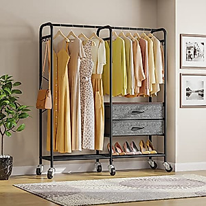 Timate P4 Rolling Clothes Rack for Hanging Clothes Portable Freestanding Garment Rack with Lockable Wheels, Heavy Duty Clothing Rack with Storage Drawers hanging Rods side Hooks Wire Shelves, Black