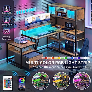 YITAHOME L Shaped Desk with Power Outlets, 78.7" Reversible Computer Desk with Drawers & Bookshelf, Corner Office Desk with LED Lights and Storage Shelves for Home Office, Rustic Brown