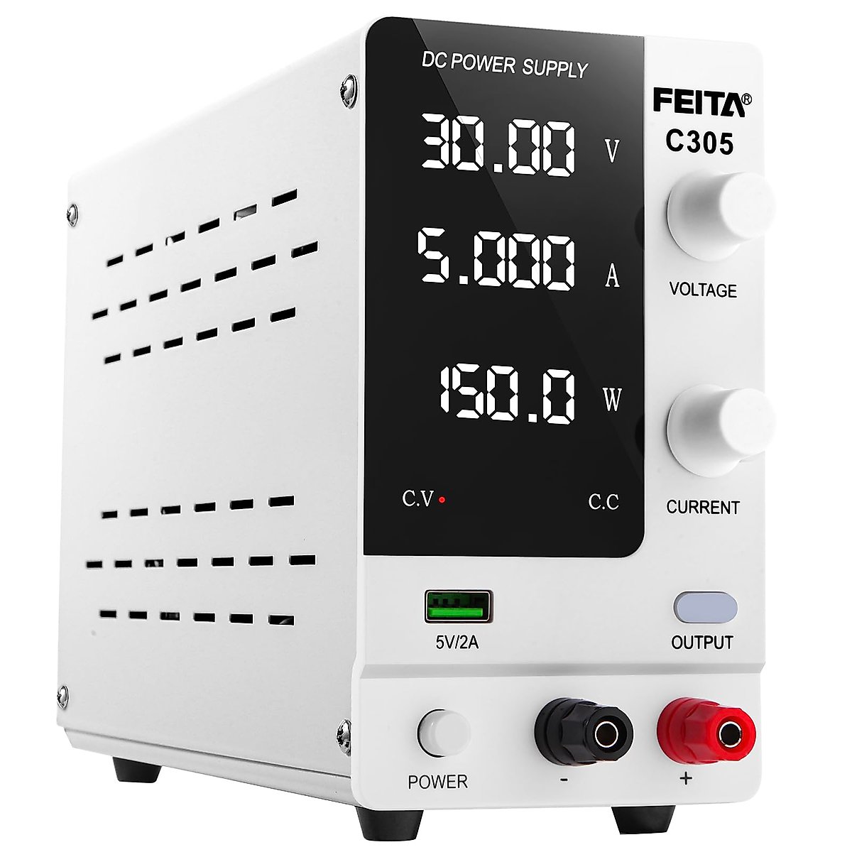 FEITA C305 DC Power Variable Supply Adjustable 30V 5A High Precision Bench Lab Power Supplies Programmable with Output Switch, 5V/2A USB Interface for Anodizing & Electroplating Kit