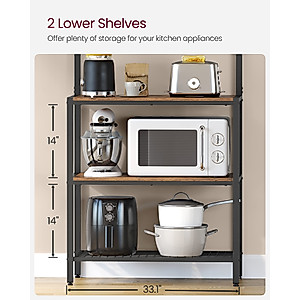 VASAGLE Bakers Rack, Coffee Bar, Kitchen Storage Shelf Rack with 10 Hooks, 3 Shelves, Adjustable Feet, for Microwave Oven, 15.7 x 33.1 x 66.9 Inches, Industrial, Rustic Brown and Black UKKS17BX