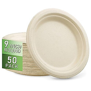 Leste Disposable Bagasse Paper Plates, Heavy-Duty Party Plates, 100% Compostable, Made of Natural Sugarcane Fibers - Biodegradable Paper Plates (Natural - Round, 9 Inch - 50 Count)