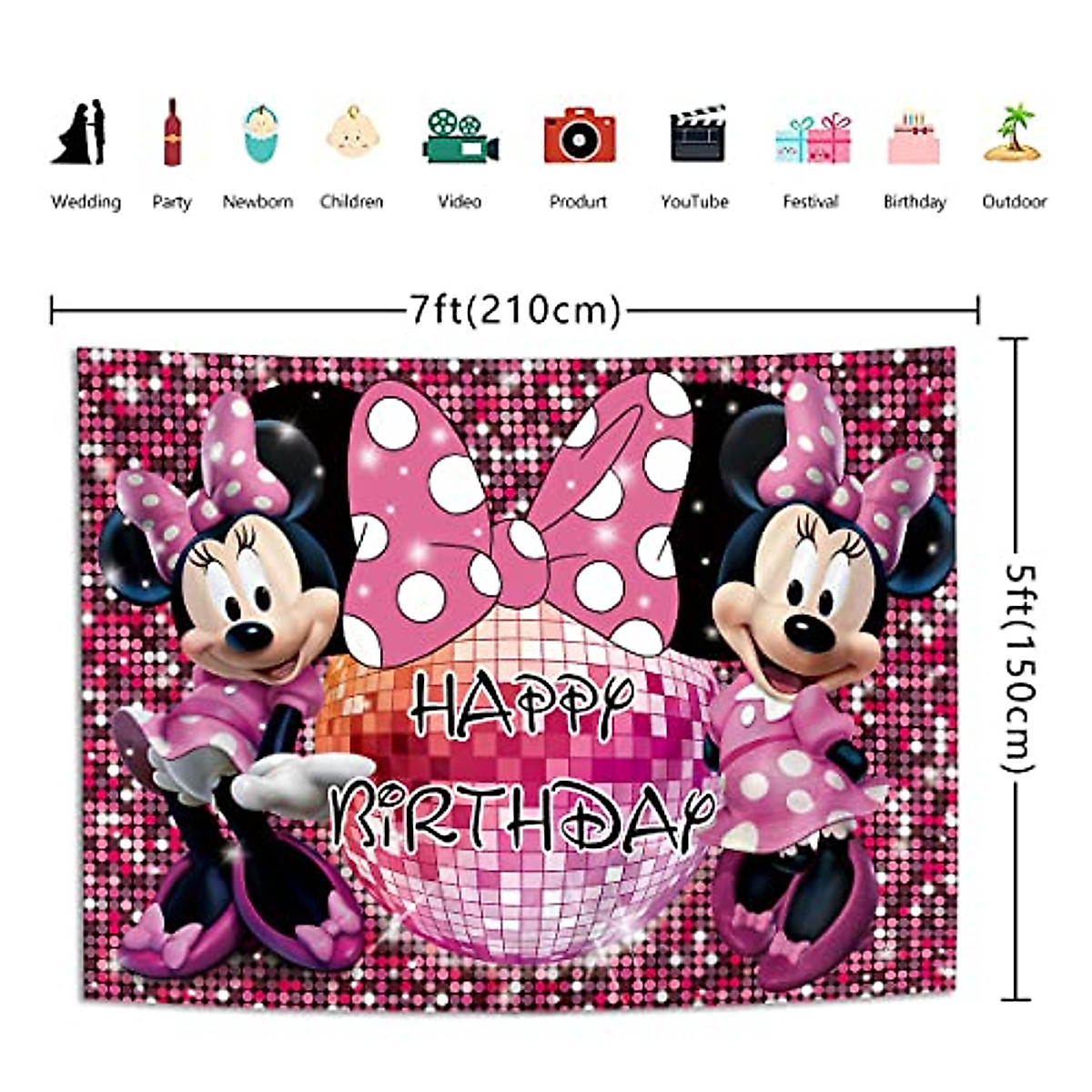 Cartoon Mouse Backdrop Pink Girls Birthday Lights Ball Bowknot Glitter Sequin Dot Photo Background Kid Girls Birthday Party Supplies 7x5ft Newborn Baby Shower Decoration Photo Booth Studio Prop