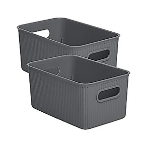 Superio Decorative Plastic Open Home Storage Bins Organizer Baskets, Medium Grey (2 Pack) Container Boxes for Organizing Closet Shelves Drawer Shelf - Ribbed Collection 5 Liter