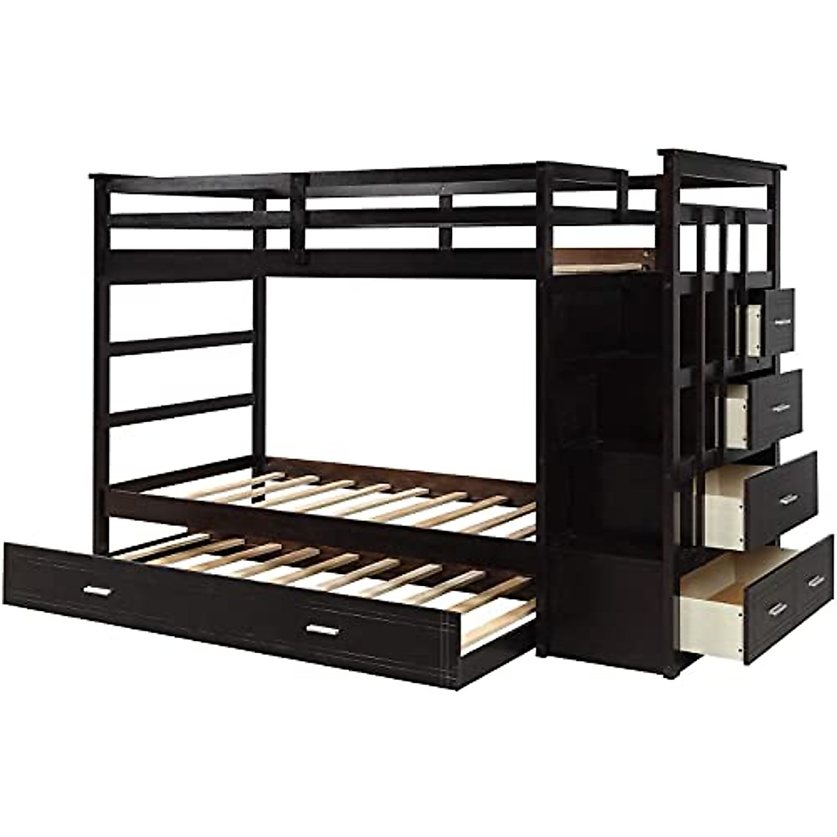 ATH-S Solid Wood Bunk Bed Frame No Box Spring Needed with Guardrails, Ladder and Storage Stairs for and Teens Platform, Twin Over Full, Gray (Color : Espresso with Hiden Drawers)