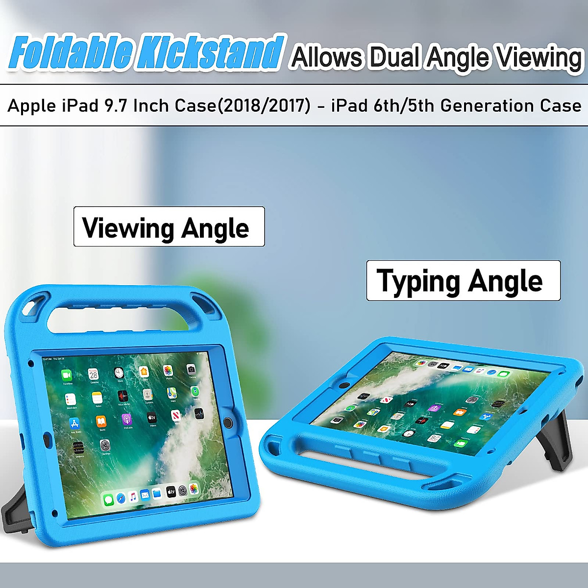 LTROP Kids Case for iPad 6th/5th Generation (2018/2017), iPad 9.7 Inch Case, iPad Air 2 Case for Kids, Built in Screen Protector, Shockproof Handle Stand Case for iPad 9.7 6th/5th Gen/Air 2, Blue