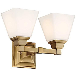 Regency Hill Mencino Opal Modern Wall Mount Light Warm Brass Gold Metal Hardwired 12 1/2" Wide 2-Light Fixture Etched Glass Shade for Bedroom Bathroom Vanity Reading Living Room Hallway