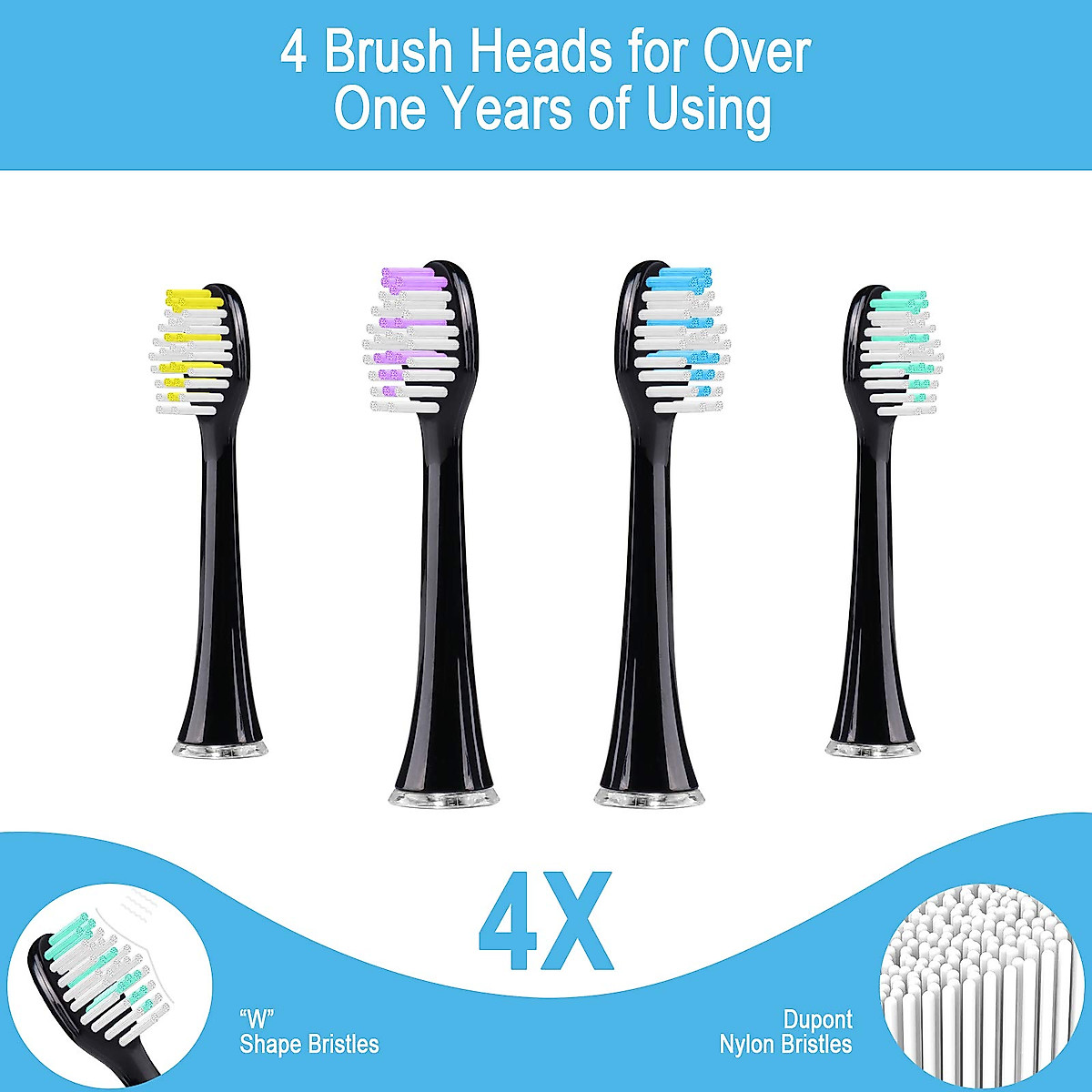 Sonic Electric Toothbrush for Adults and Teens, Rechargeable Whitening Ultrasonic Toothbrush with 4 Duponts Brush Heads, 3 Modes, 48000 VPM, Timer, Waterproof, 4H Charge for 45 Days (Black)