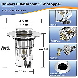 Bathroom Sink Stopper, 3 in 1 Pop Up Kitchen Bathtub Drain Stopper Plug, Sink Strainer for 1.18-1.65", with Shower Drain Hair Catcher Anti-Odor Valve Anti Clogging Bathroom Sink Drain Strainer