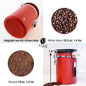 Bean Envy Coffee Canister - 22.5 oz Coffee Storage Container and Organizer w/Stainless Steel Scoop, Date Tracker & Co2-Release Valve - Essential Coffee Accessories, Red