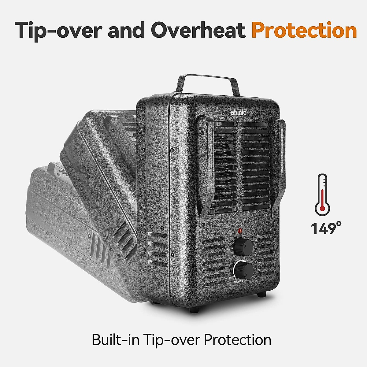Shinic Space Heater,1500W Milkhouse Heater with Thermostat, Stay Cool Durable Metal Housing, Overheat protection, 3-Prong Plug, Tip-Over Auto Shut Off, Utility Heater for Garage, Bedroom, Greenhouse