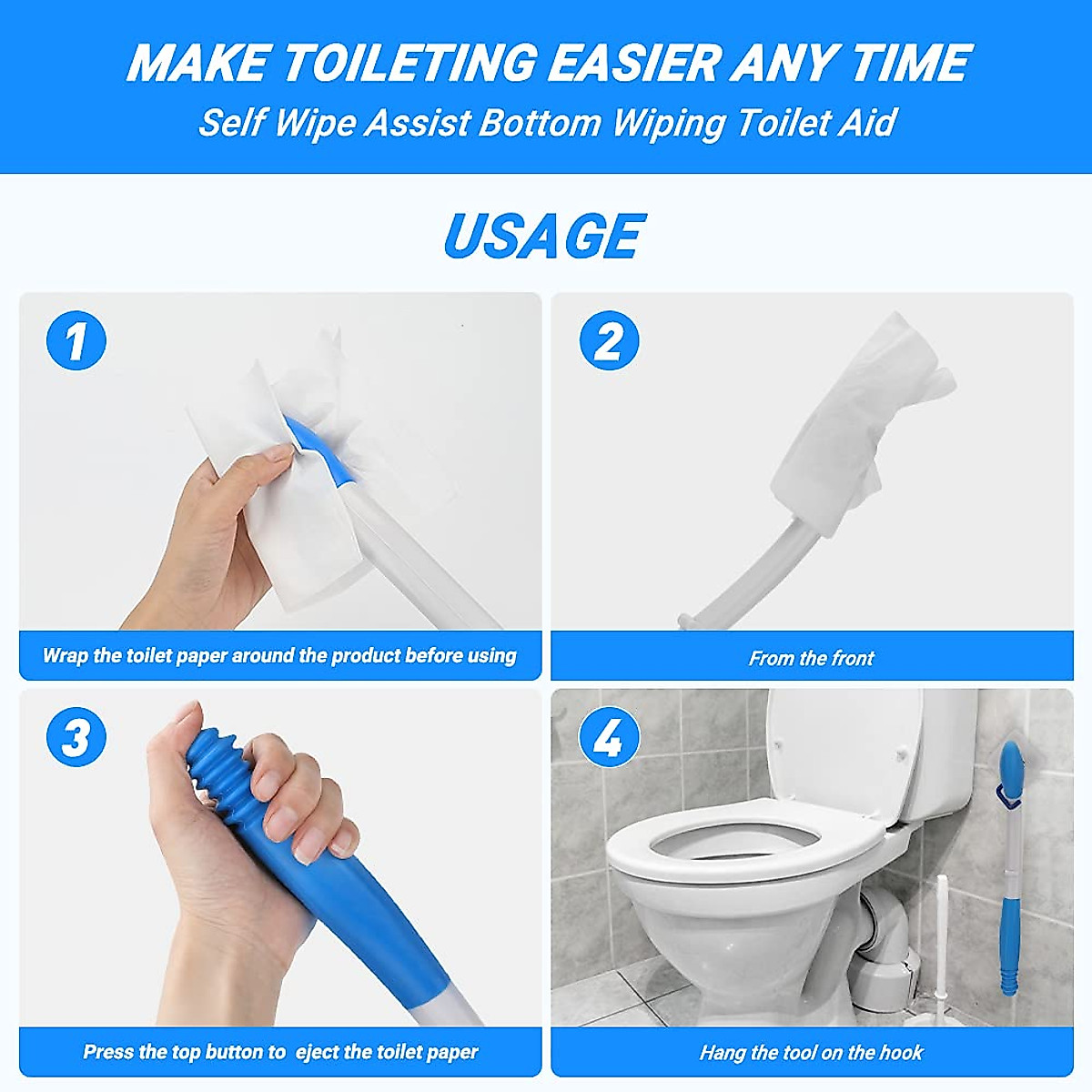 Foldable Toilet Aids for Wiping, Jhua 15.7" Long Reach Comfort Wipe Bottom Grips with Hook, Toilet Paper Aids Tools Tissue Grip Self Wipe Assist Holder, Blue