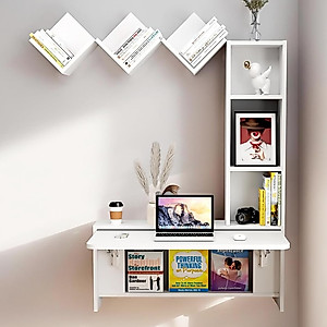 Bixiaomei Folding Wall Mounted Drop Leaf Table, Foldable Desk with Moveable Cabinets, Floating Laptop with Convertible Storage Shelves, Multifunctional Computer Workstation in Home for Space Saving