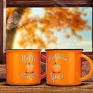 Mumufy 2 Pcs 14oz Hello Pumpkin Fall Mugs Pumpkin Spice Autumn Coffee Mug Orange Pumpkin Mug Campfire Autumn Coffee Cups for Happy Halloween Thanksgiving Decor Kitchen Decorations Thank You Gift
