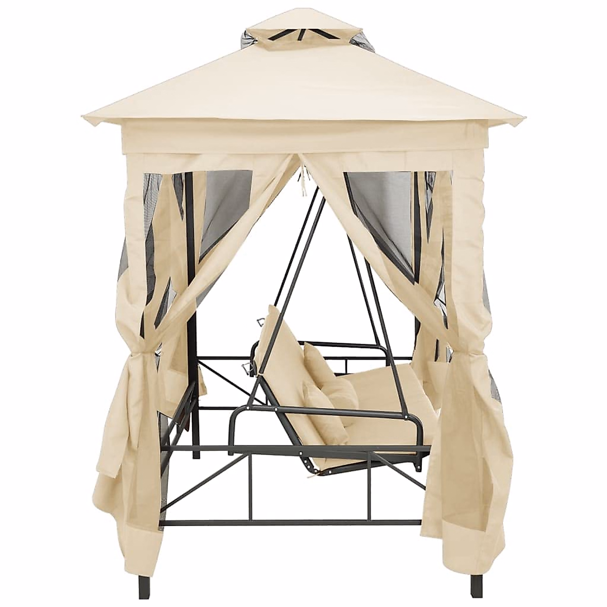 vidaXL Gazebo Convertible Swing Bench Cream White - Spacious Double-Seater Gazebo Swing Bench - Features Convertible Bed Function and Anti-Insect Mesh - Comes with Cushions for Comfort – Powder-Co...