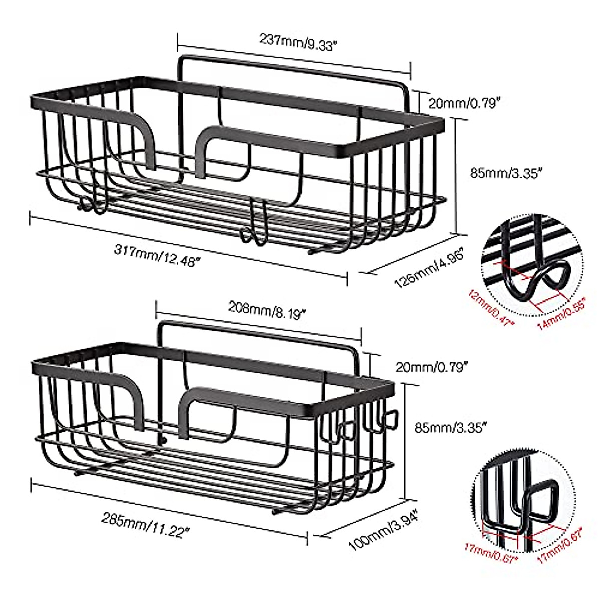 JOMOLA Shower Caddy Shelves Adhesive Bathroom Organizer Basket Kitchen Shelf Wall Storage Rack with 4 Hanging Hooks No drilling, Stainless Steel, Black 2pcs