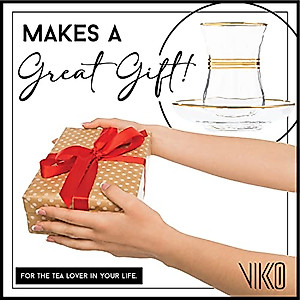 Vikko Turkish Tea Glasses & Saucers, 4 Oz Authentic Turkish Tea Cups,Set of 6 Clear Glass Tea Cups And Saucers, Gold Accented Turkish Tea Cup Set, 6 Cups and 6 Plates