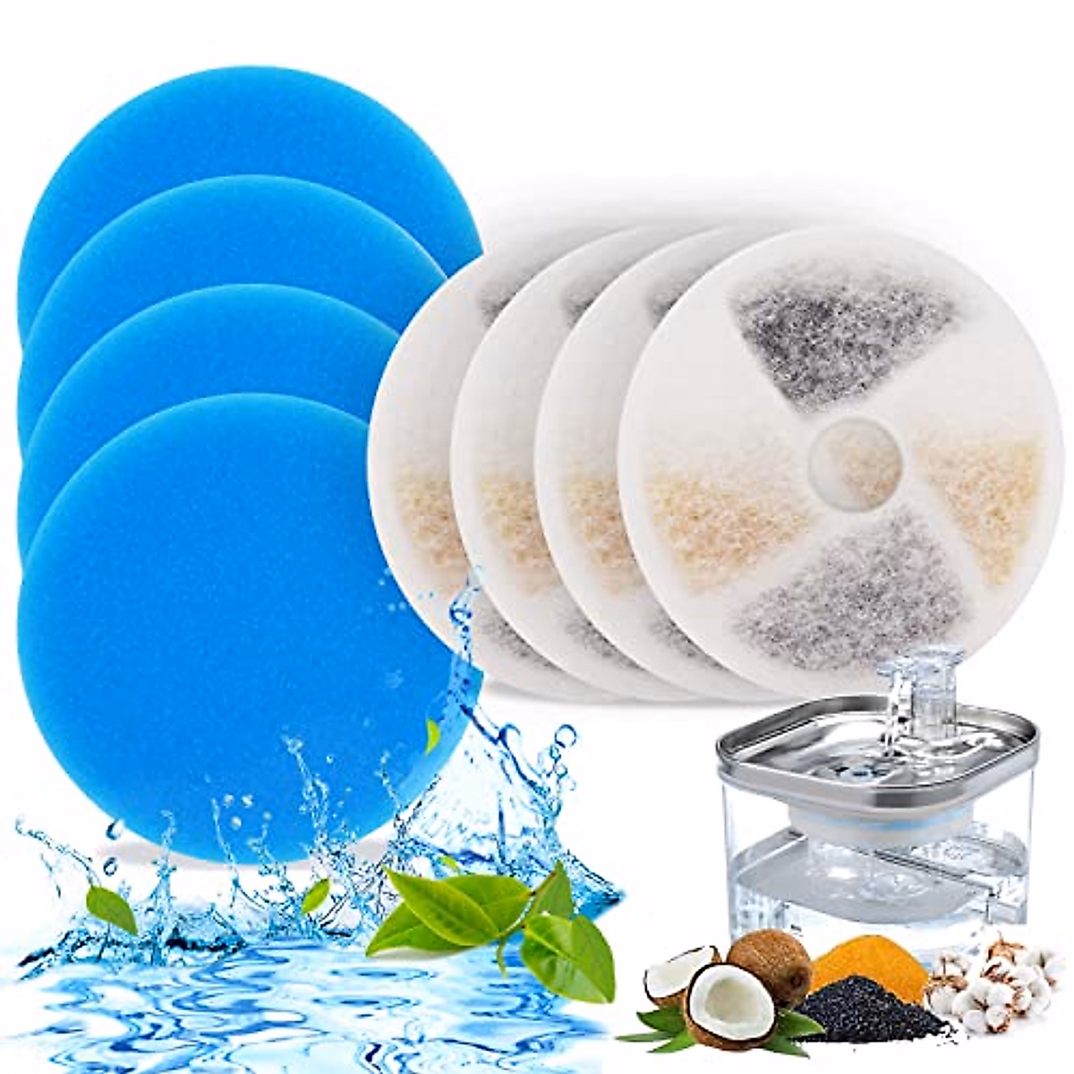 Spofan 4 Set Replacement Filters for WF190 Wireless Cat Water Fountain, Include 4 Pack Pre-Filter Cotton + 4 Pack Activated Carbon Filter + 4 Pack Small Filter Cotton (Not for WF200)