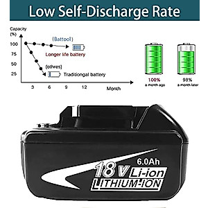 BATTOOL BL1830 18V 3.0Ah Battery and 6.0Ah Lithium Replacement Battery with DC18RD Dual Port Charger Compatible with Makita 18V Battery BL1860 BL1850 BL1840 BL1830 14.4V-18V Power Tools Battery