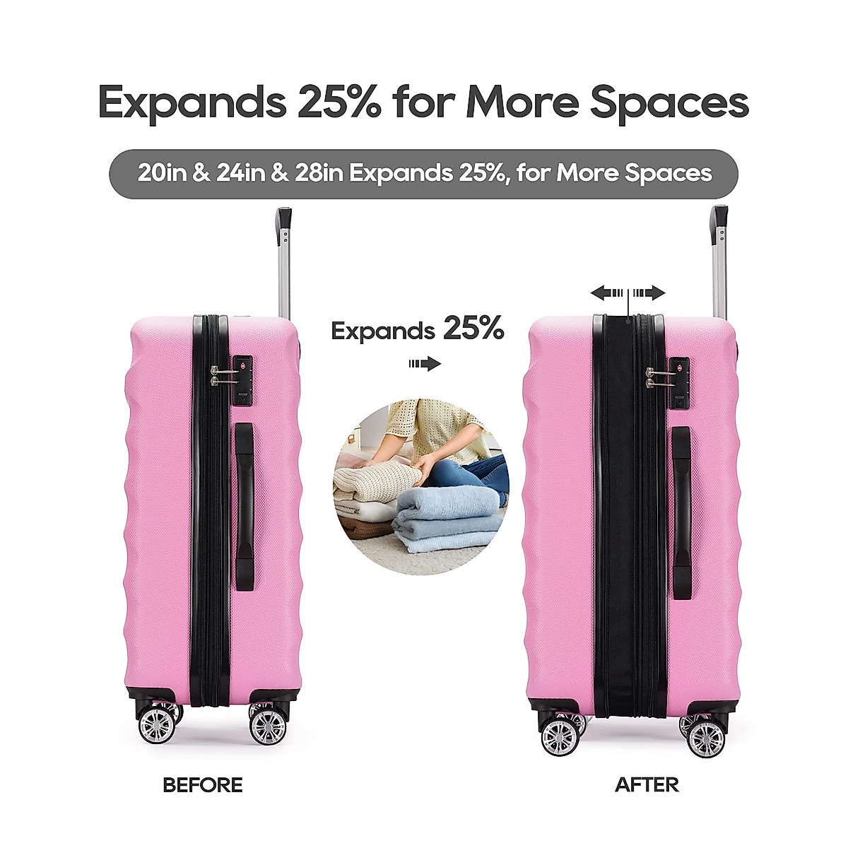 GinzaTravel 2 Piece Anti-Scratch ABS Luggage Set with TSA Lock - 20 inch and 28 inch Lightweight Spinner Suitcases, Expandable, and in Hot Pink