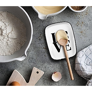 Ceramic Patterned Fork Spoon Rest with Message Love, Functional Kitchenware Spoon Rest Suitable for Kitchen Countertop Stove Top Kitchen Accessory and Gift for Cooking Enthusiasts