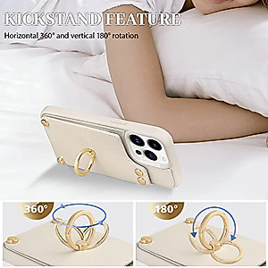 LAMEEKU Compatible with iPhone 14 Pro Wallet Case 6.1'', Leather with Card Holder, 360°Rotation Ring Stand, RFID Blocking Snap Button Protective Designed for Apple Beige (2022)