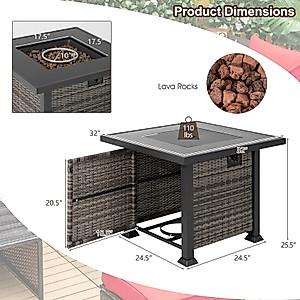 COSTWAY 32" Outdoor Fire Table, 50,000 BTU Propane Fire Pit Table w/Lid & Lava Rocks Rain Cover, Rattan Style Metal Patio Fireplace, Gas Firepit Table for Outside Yard Balcony, Grey