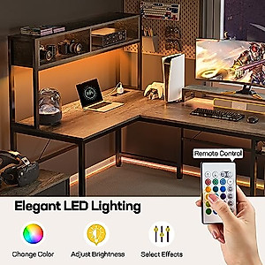 Marsail L-Shaped Computer Desk with Power Outlet & LED Strip, Reversible Corner Desk with Storage Shelf & Monitor Stand, L Shaped Desk Gaming Desk with Separate Printer Stand for Home Office,Grey
