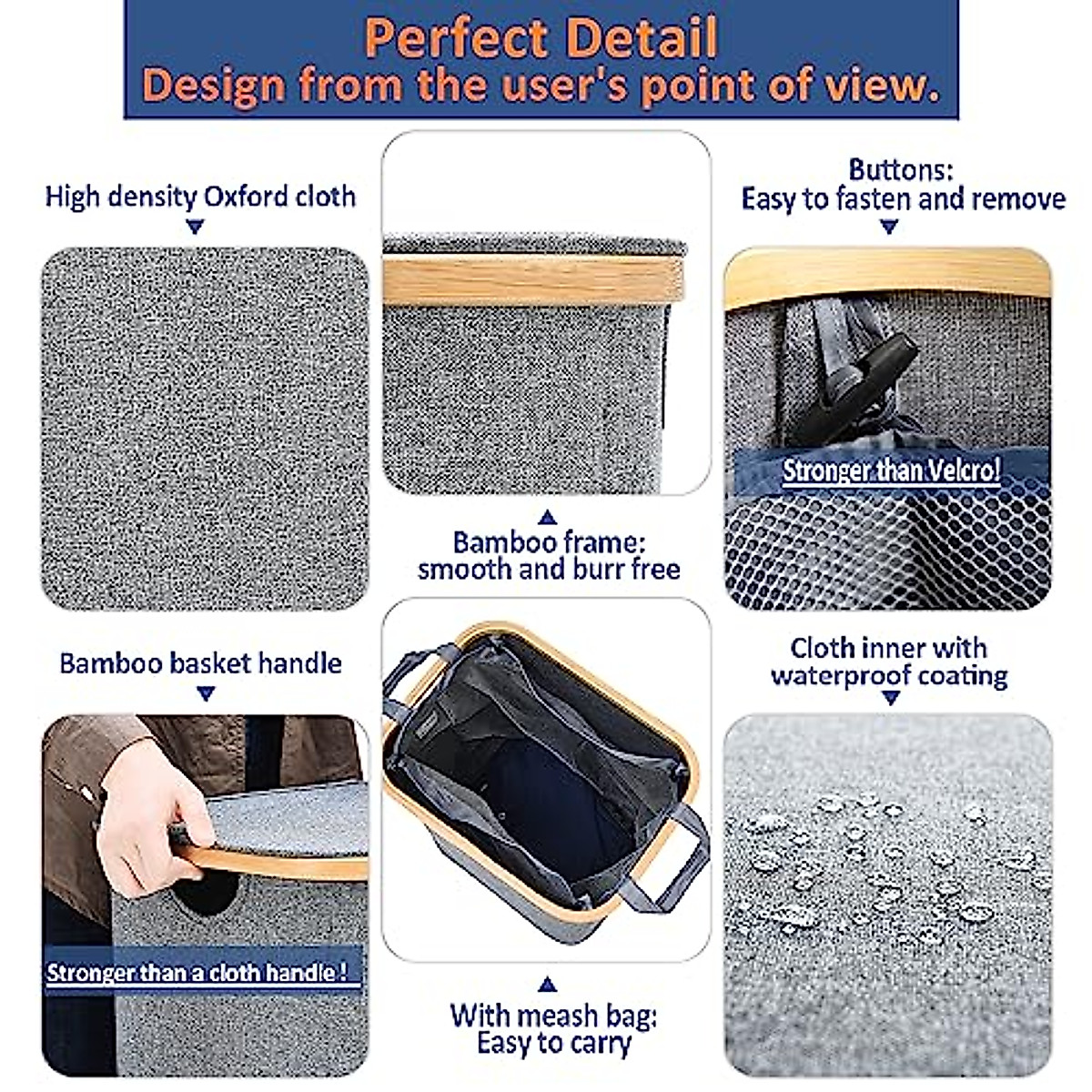 Edergoo Laundry Basket with Lid 100L, Laundry Hamper with Premium Bamboo Handle, Dirty Clothes Hampers for Laundry, 27.6" Tall Bathroom Laundry Basket Freestanding with Removable Bag, Grey