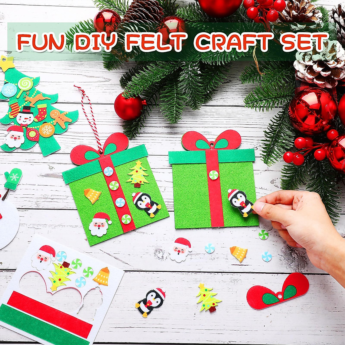 Poen 36 Pcs Christmas Felt Crafts for Kids DIY Christmas Tree Santa Claus Snowman Stockings Ornaments Felt Gingerbread House Gift Boxes Crafts for Xmas Tree Party Supplies