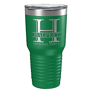 Personalized 30oz (17 Colors) Powder Coated Insulated Stainless Steel Tumbler with Lid, Custom Etched, Customized Engraved Gift Idea for Women Men Her Him, Halpert Monogram Initial Name (Green)