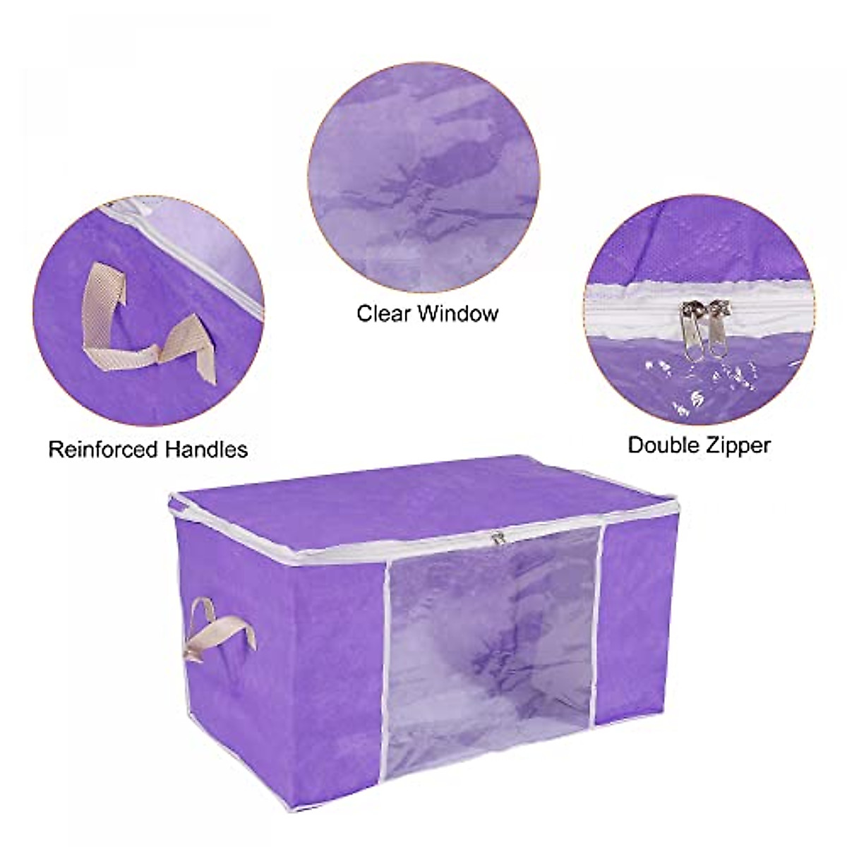 uxcell Clothes Storage Bag 3pcs, Foldable Storage Bins for Clothes, Comforters Storage Bags with Reinforced Handle, Sturdy Zipper, Closet Organizer with Clear Window-Purple